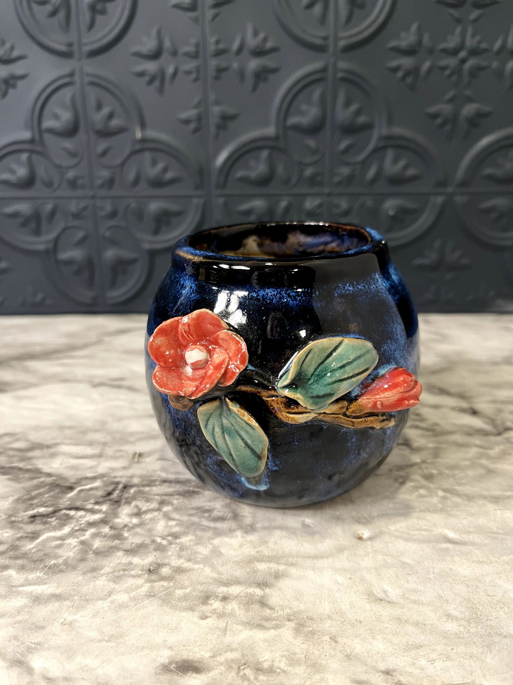Small Blue Glazed Pottery Pot With Flower – makememoderndecor