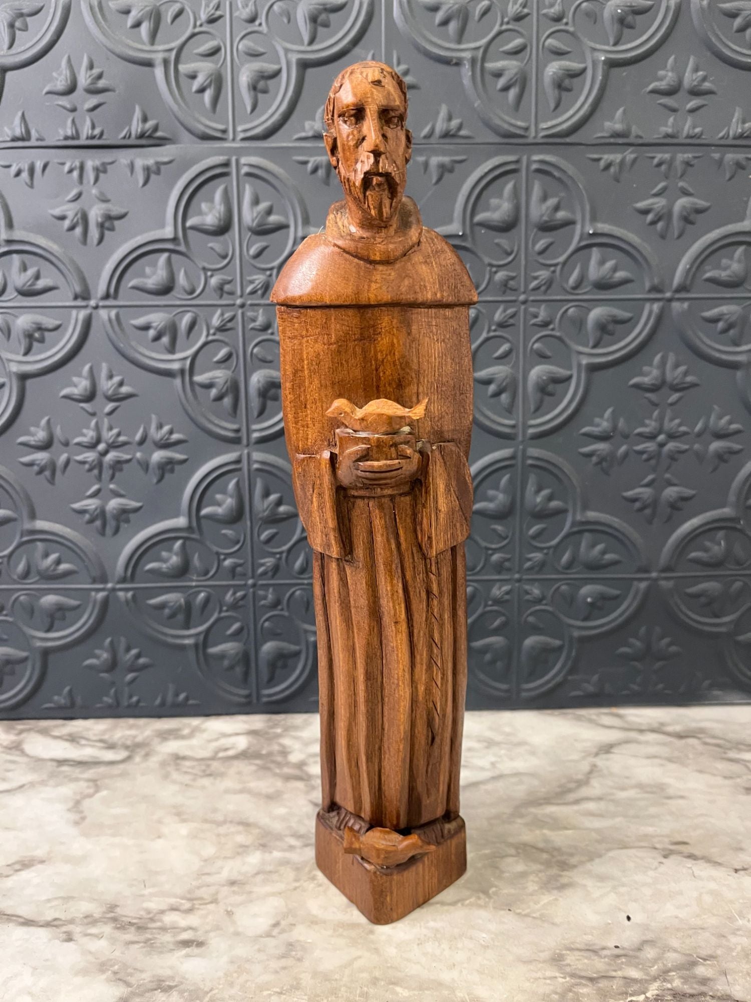 Wood Carved Monk with Bird – makememoderndecor
